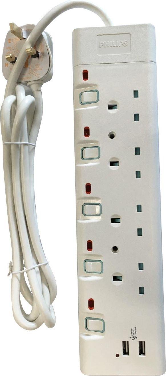 Philips 4-Sockets 2-USB Port Power Extension 2M (SPN6942WA/56) - White ...
