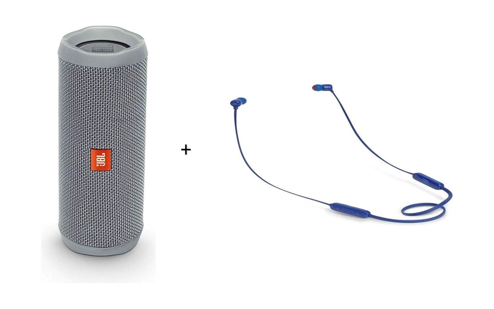 JBL Flip 4 Wireless Bluetooth Speaker Grey + JBL T110BT Earphone Blue ...