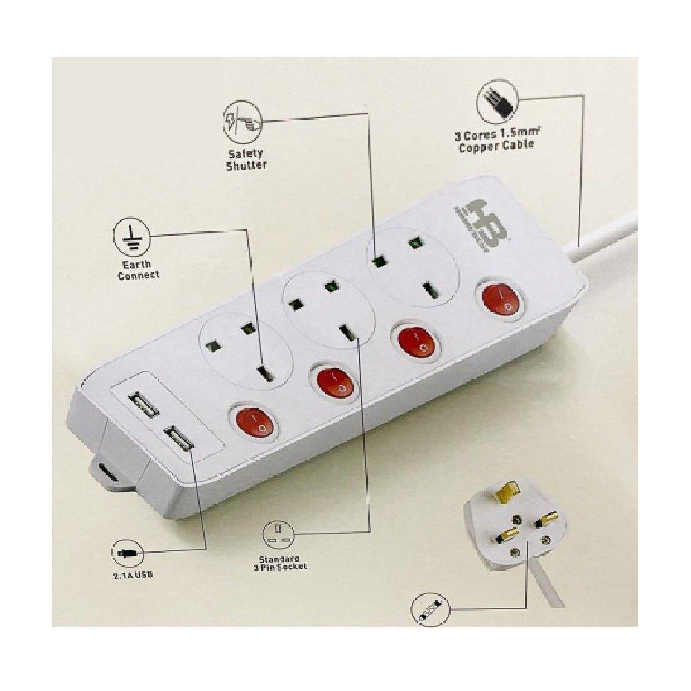 RTC Socket 3 Way, 4Switch, 2USB, 3 Meter, 13A| Xcite Kuwait