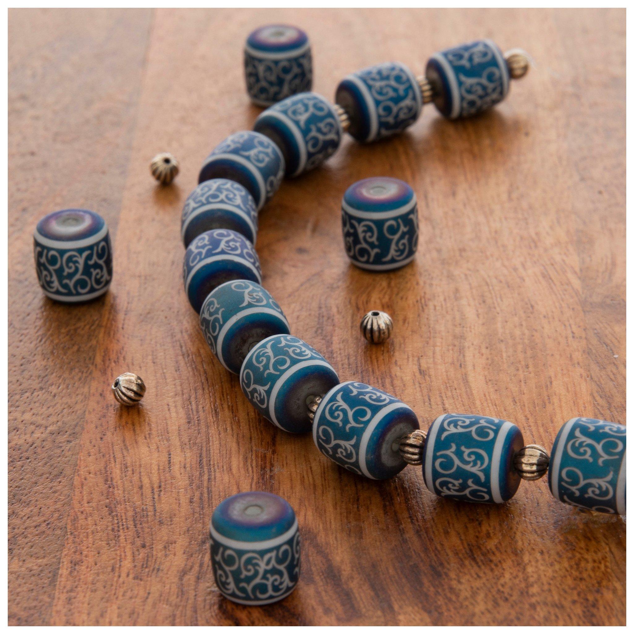 Blue & White Print Glass Drum Bead Strand | Hobby Lobby | 1903269