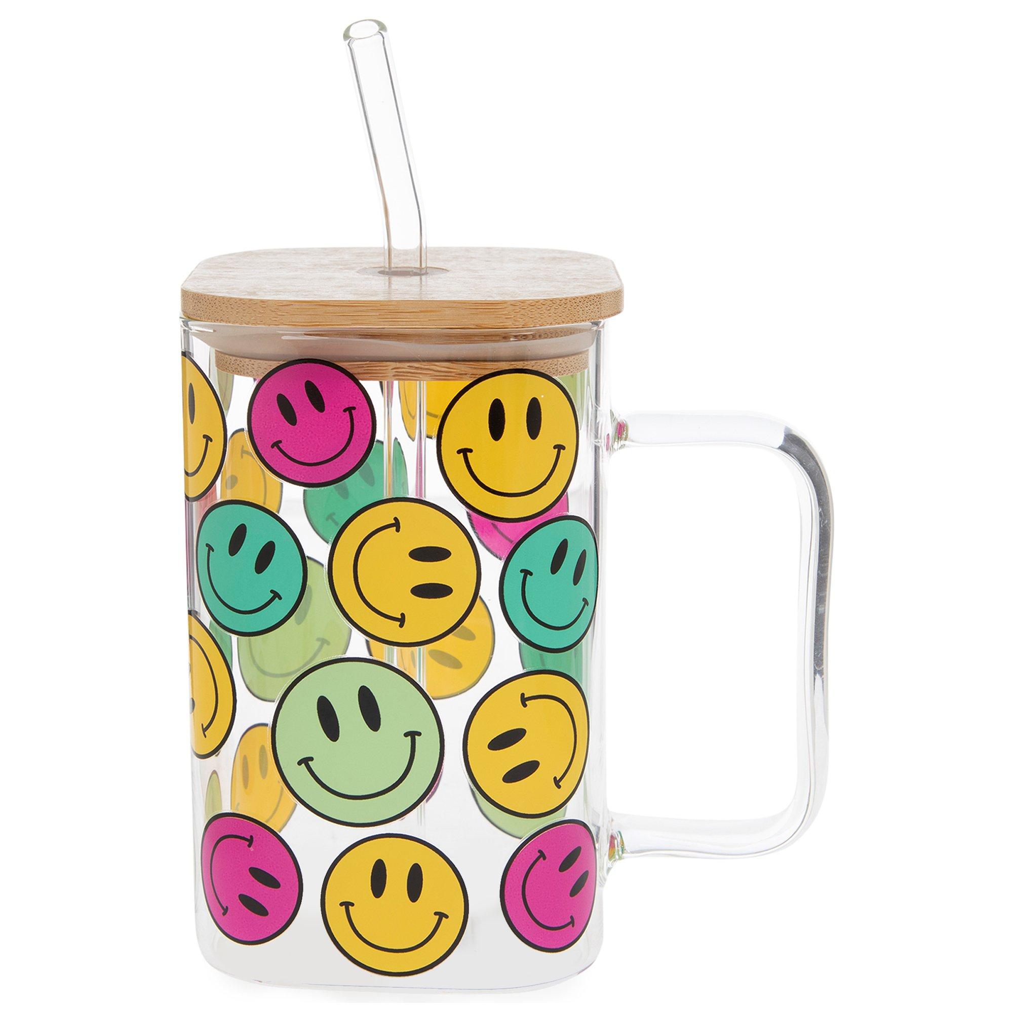 Colorful Smiley Faces Glass Cup With Lid | Hobby Lobby | 6389308