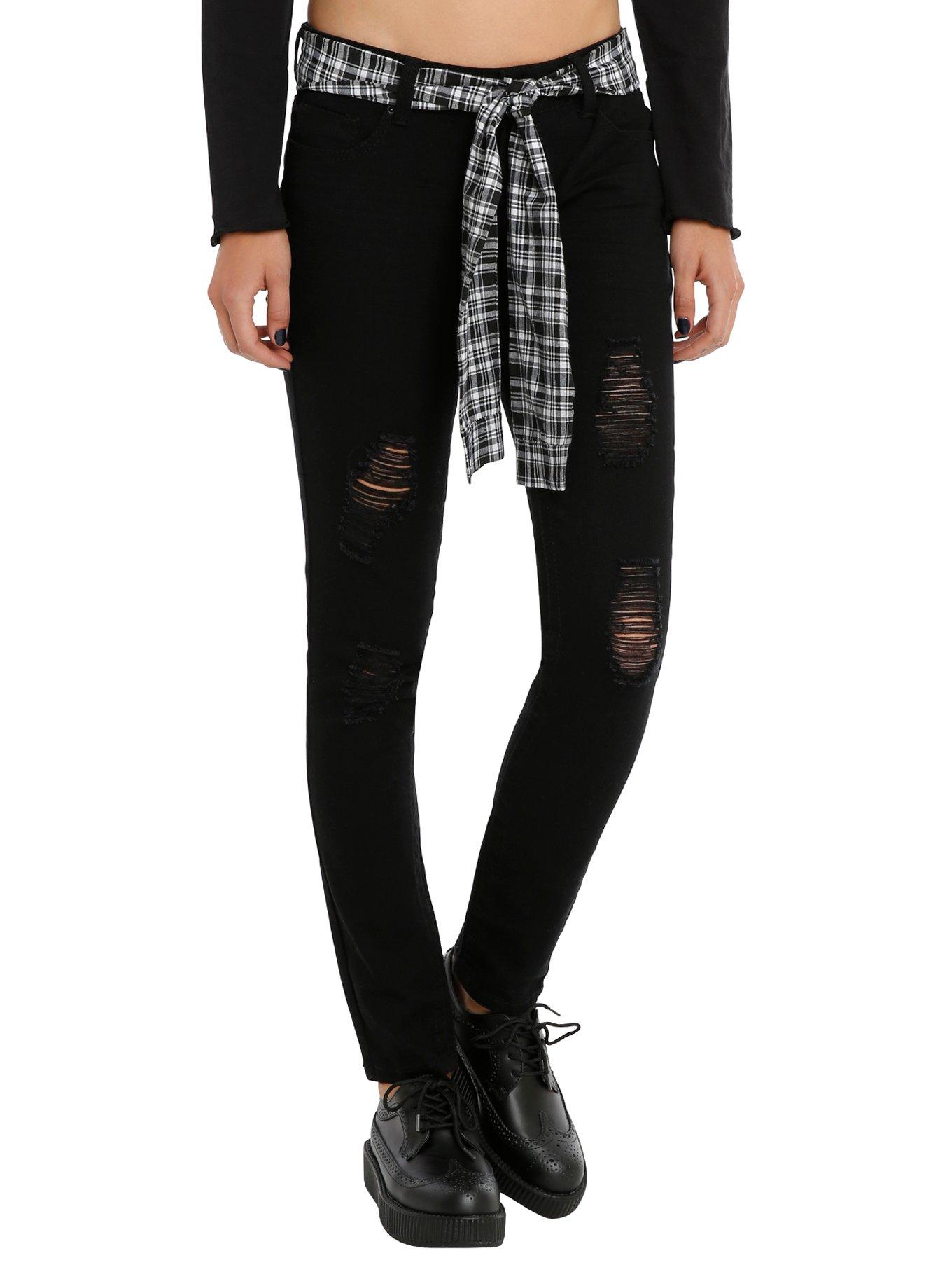 LOVEsick Black Distressed Plaid Belt Skinny Jeans | Hot Topic