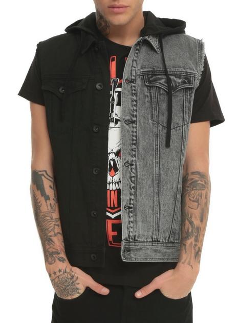 RUDE Black & Grey Split Denim Hooded Vest | Hot Topic