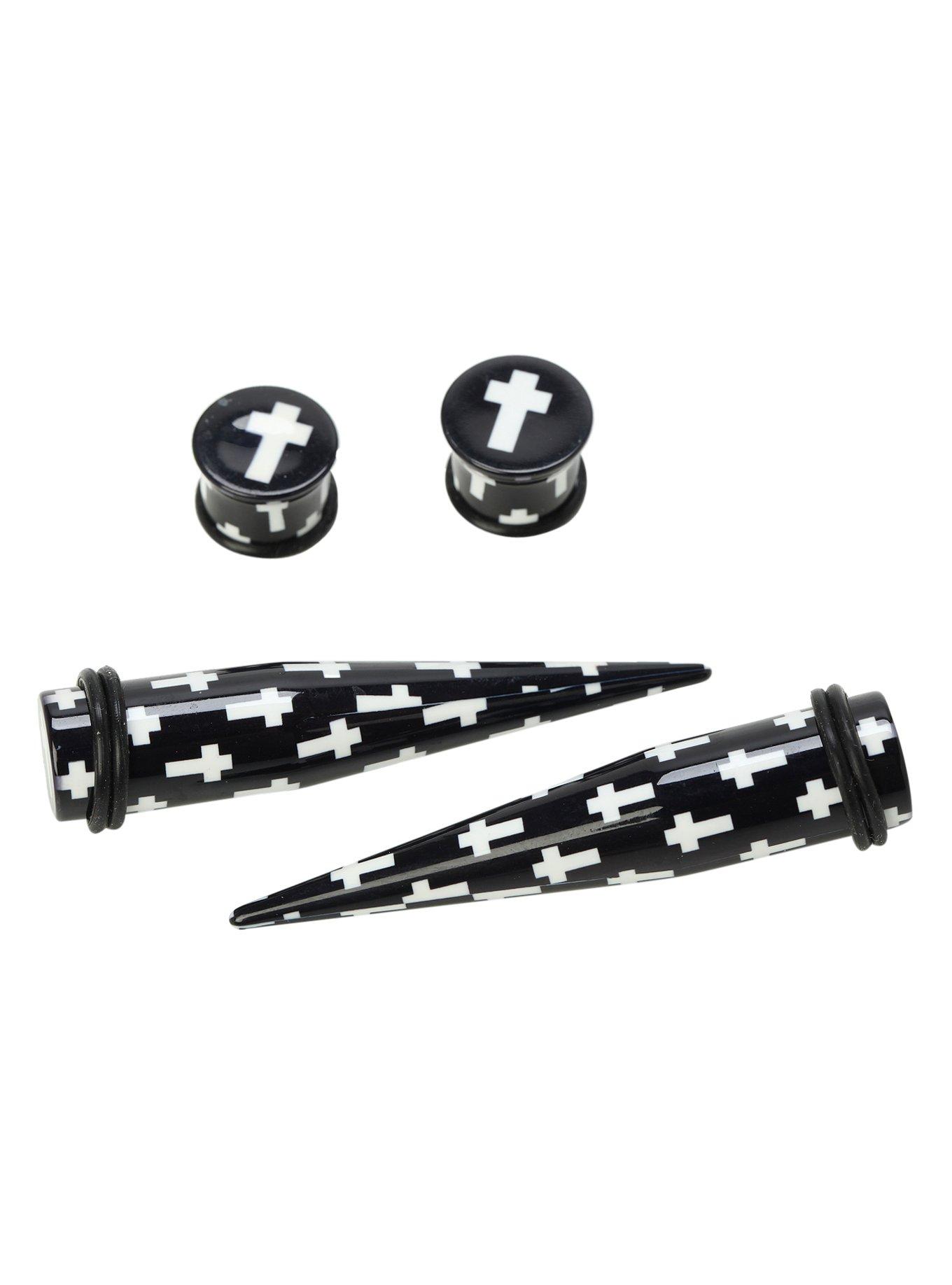 Acrylic Black & White Cross Taper And Plug 4 Pack | Hot Topic