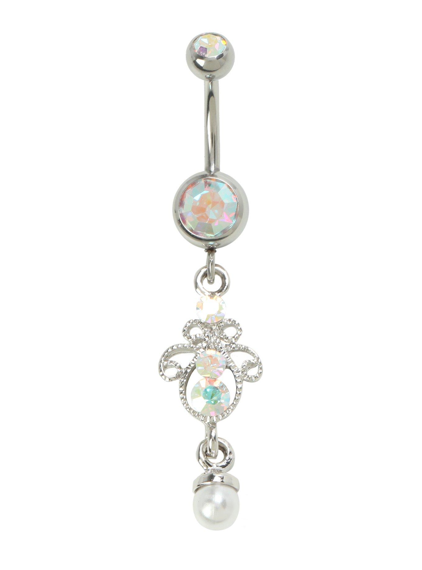 14G Steel Iridescent Gem Pearl Filigree Drop Navel Barbell | Hot Topic