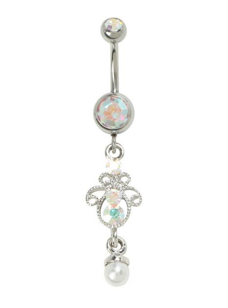 14G Steel Iridescent Gem Pearl Filigree Drop Navel Barbell | Hot Topic