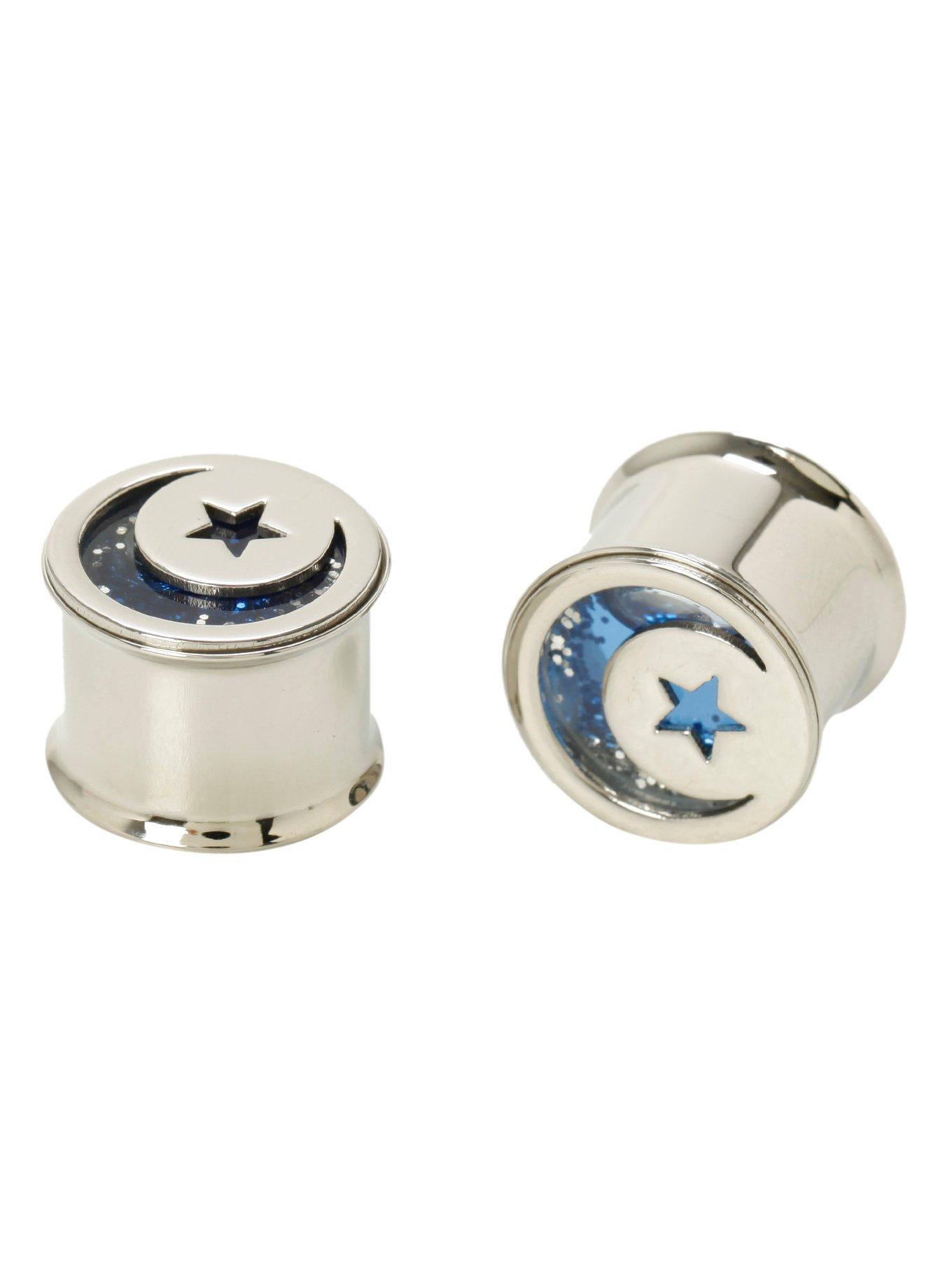Steel Blue Glitter Moon Star Flare Plug 2 Pack | Hot Topic