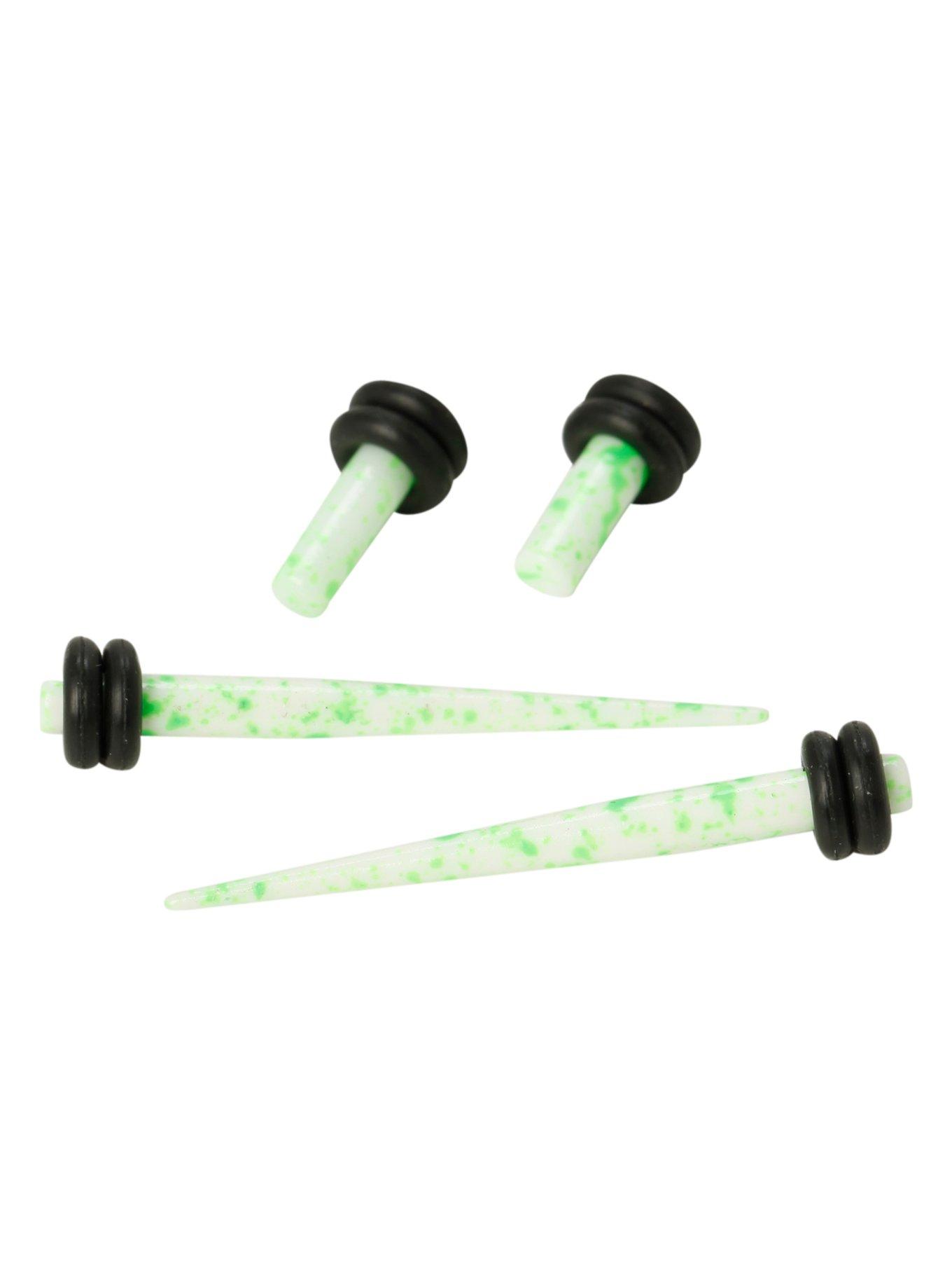 Acrylic White Neon Green Splatter Micro Taper And Plug 4 Pack | Hot Topic