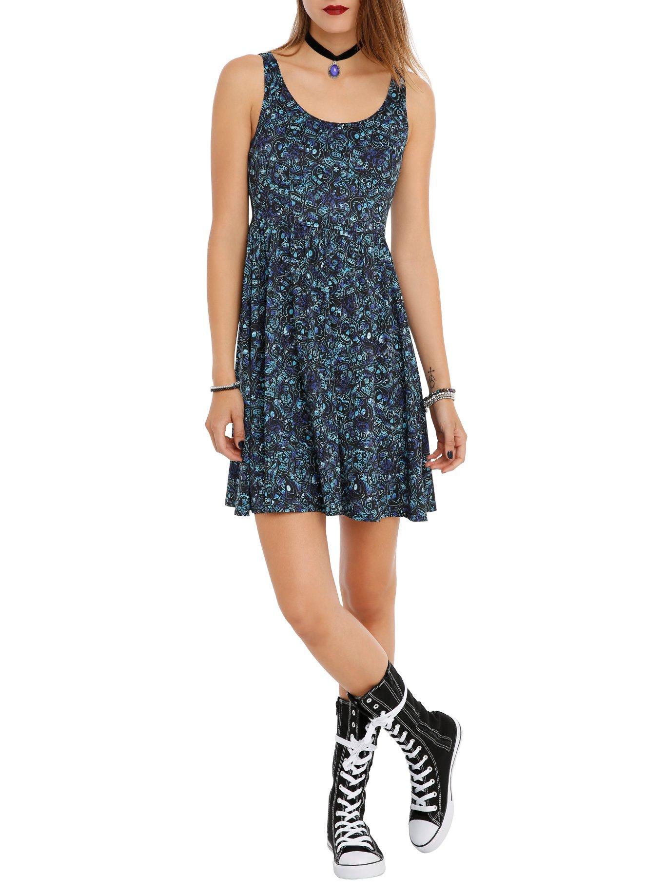 Black & Turquoise Sugar Skull Crisscross Dress | Hot Topic