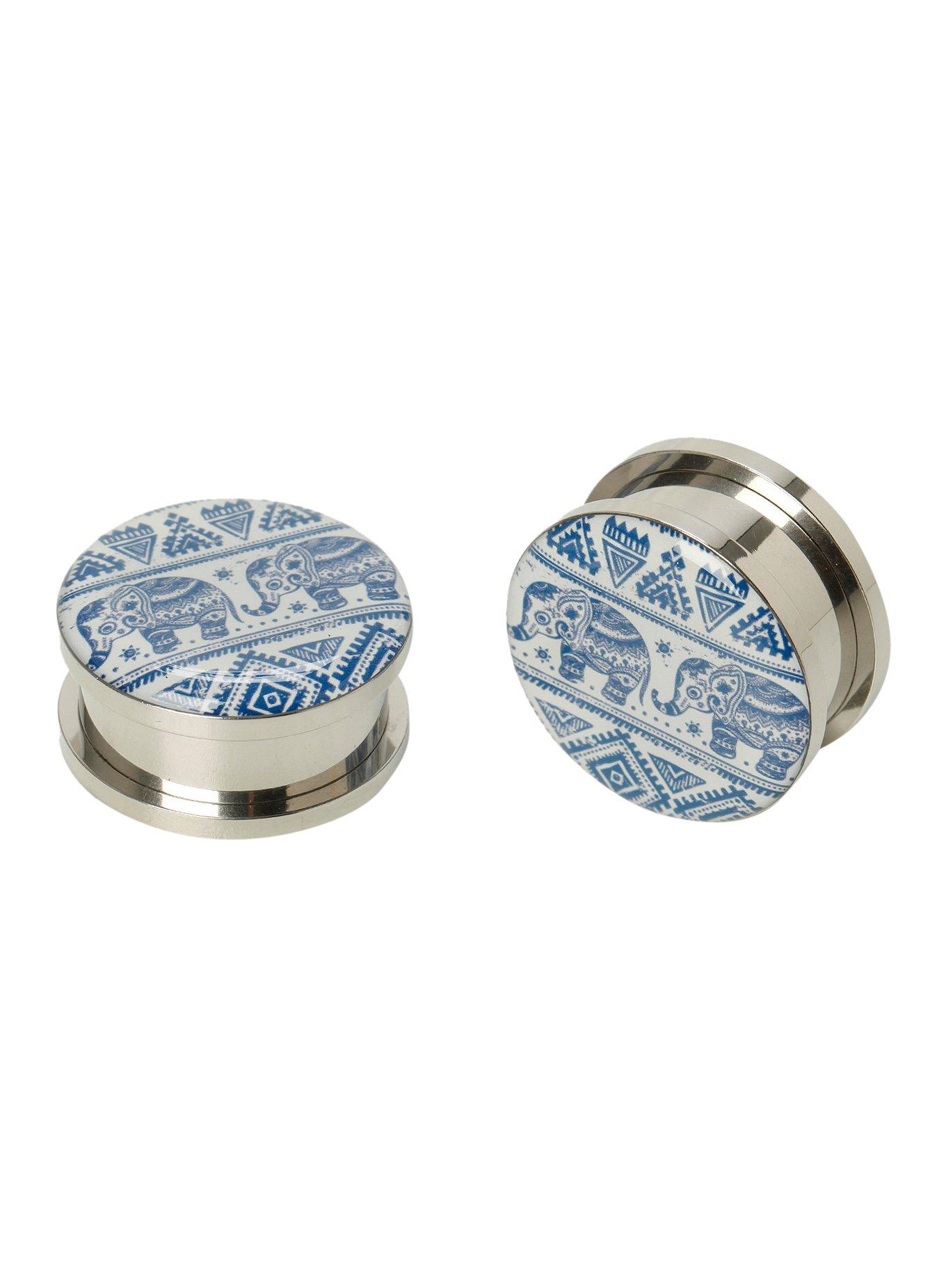 Steel Blue & White Tribal Elephant Spool Plug 2 Pack | Hot Topic