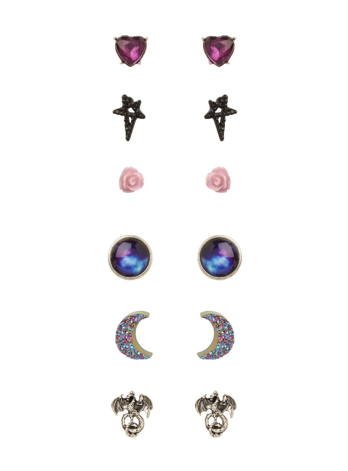 LOVEsick Moon Dragon Heart Rose Earrings 6 Pair | Hot Topic