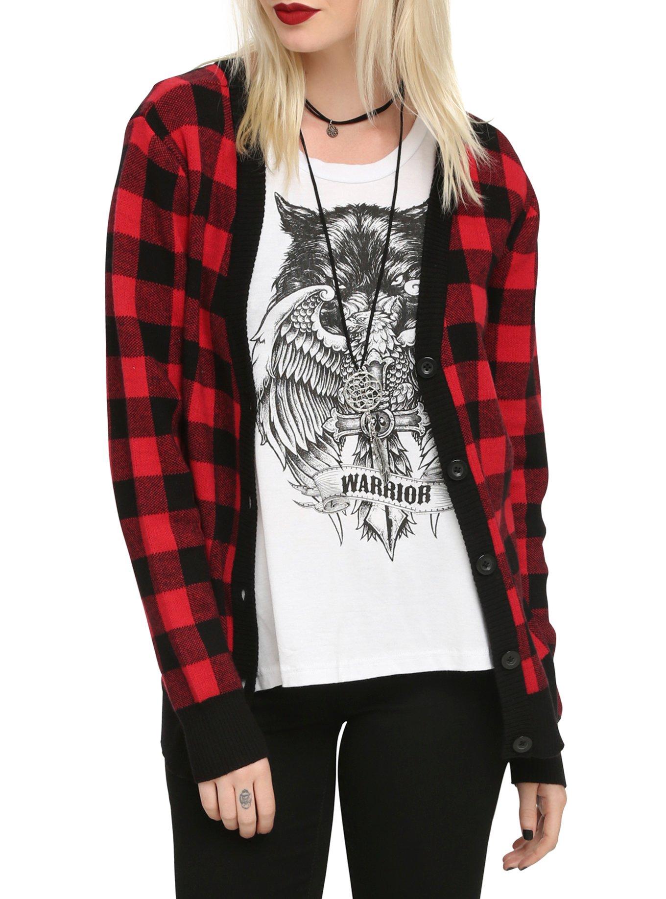 Red & Black Check Girls Cardigan | Hot Topic