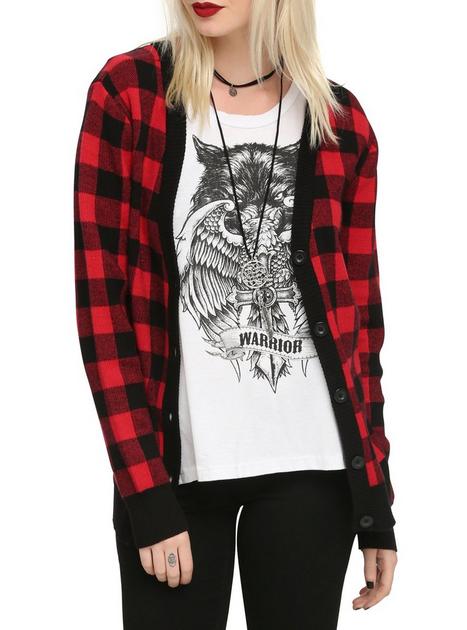 Red and Black Check Girls Cardigan | Hot Topic