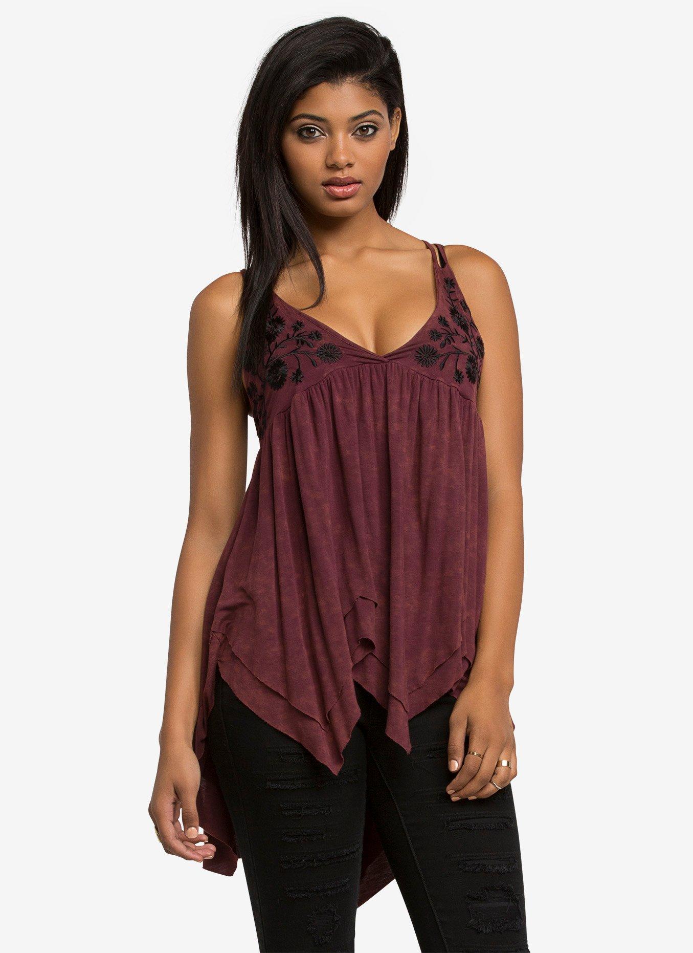 Burgundy Embroidered Flowers Tunic Top | Hot Topic