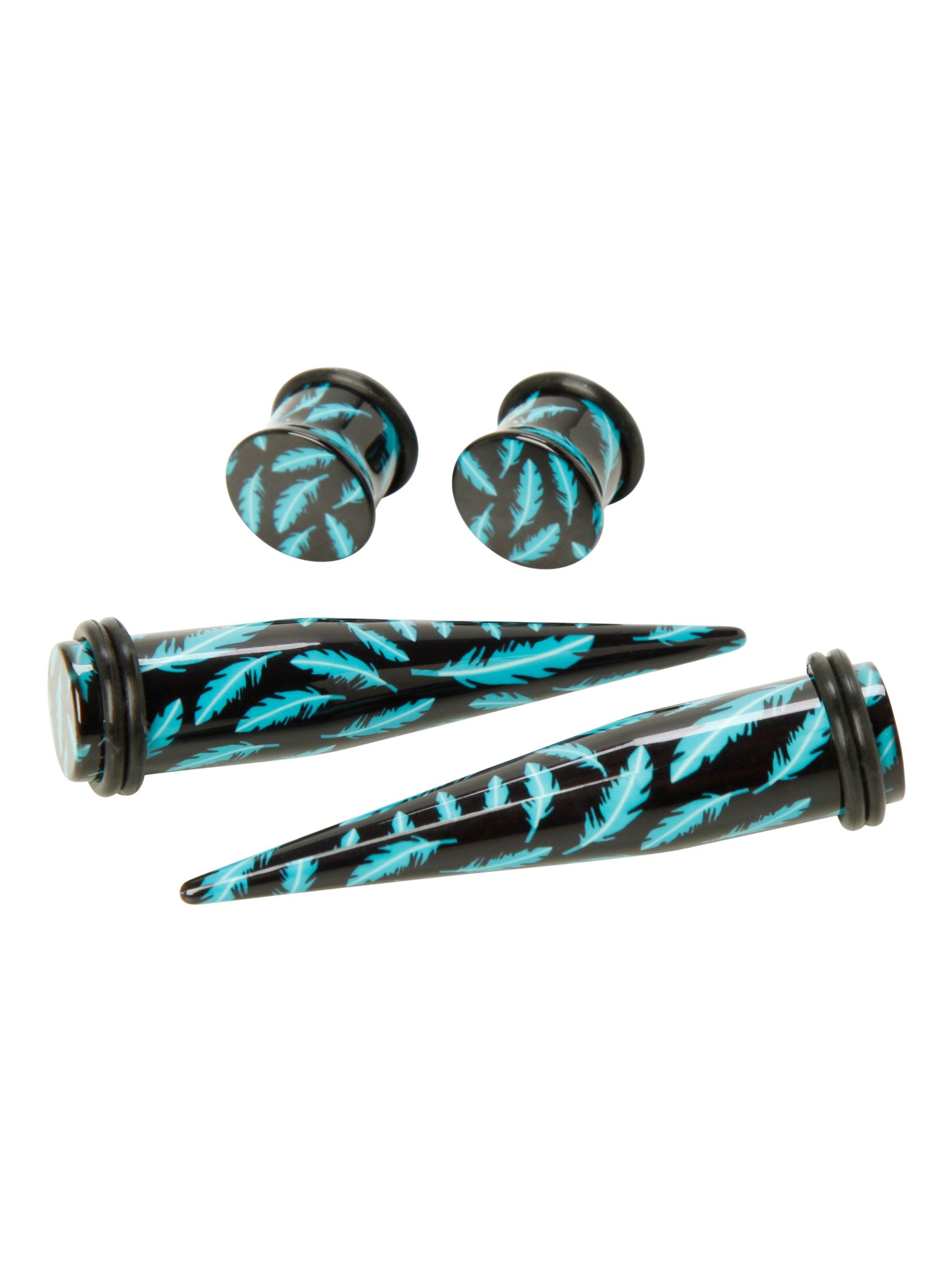 Acrylic Teal & Black Feather Taper & Plug 4 Pack | Hot Topic