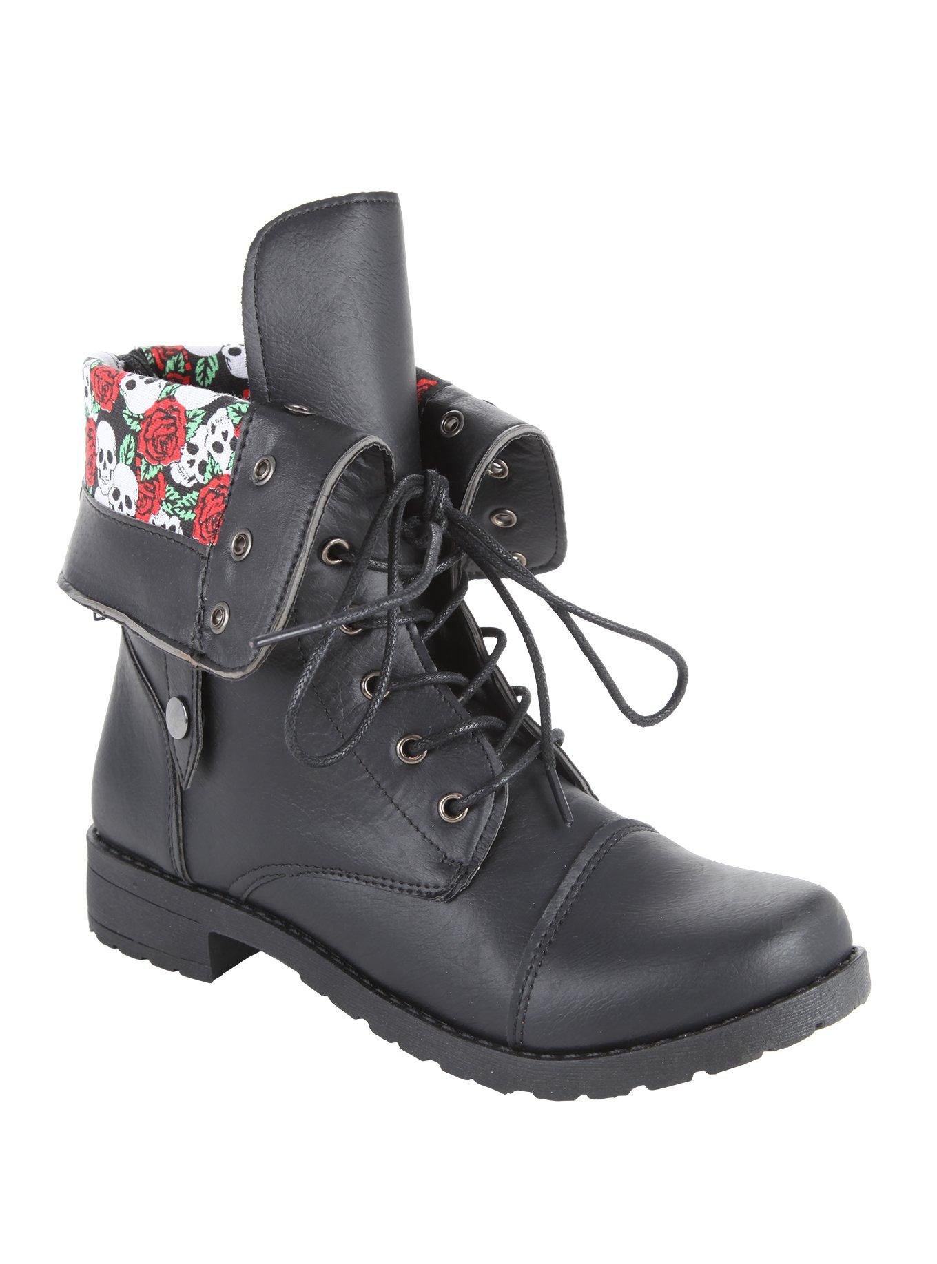 Black Skulls & Roses Lined Combat Boot | Hot Topic