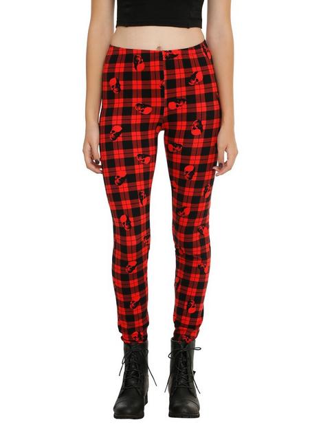 Red and Black Skull Plaid Leggings | Hot Topic