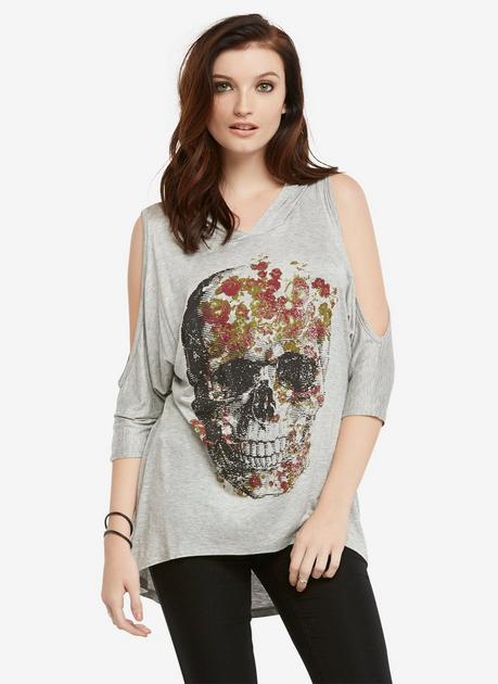 Cold-Shoulder Floral Skull Hoodie | Hot Topic