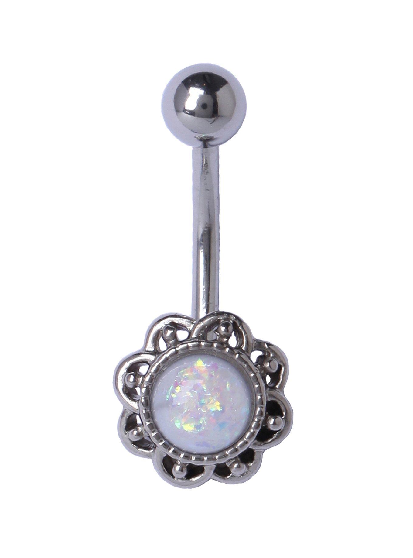14G Steel White Opal Filigree Navel Barbell | Hot Topic