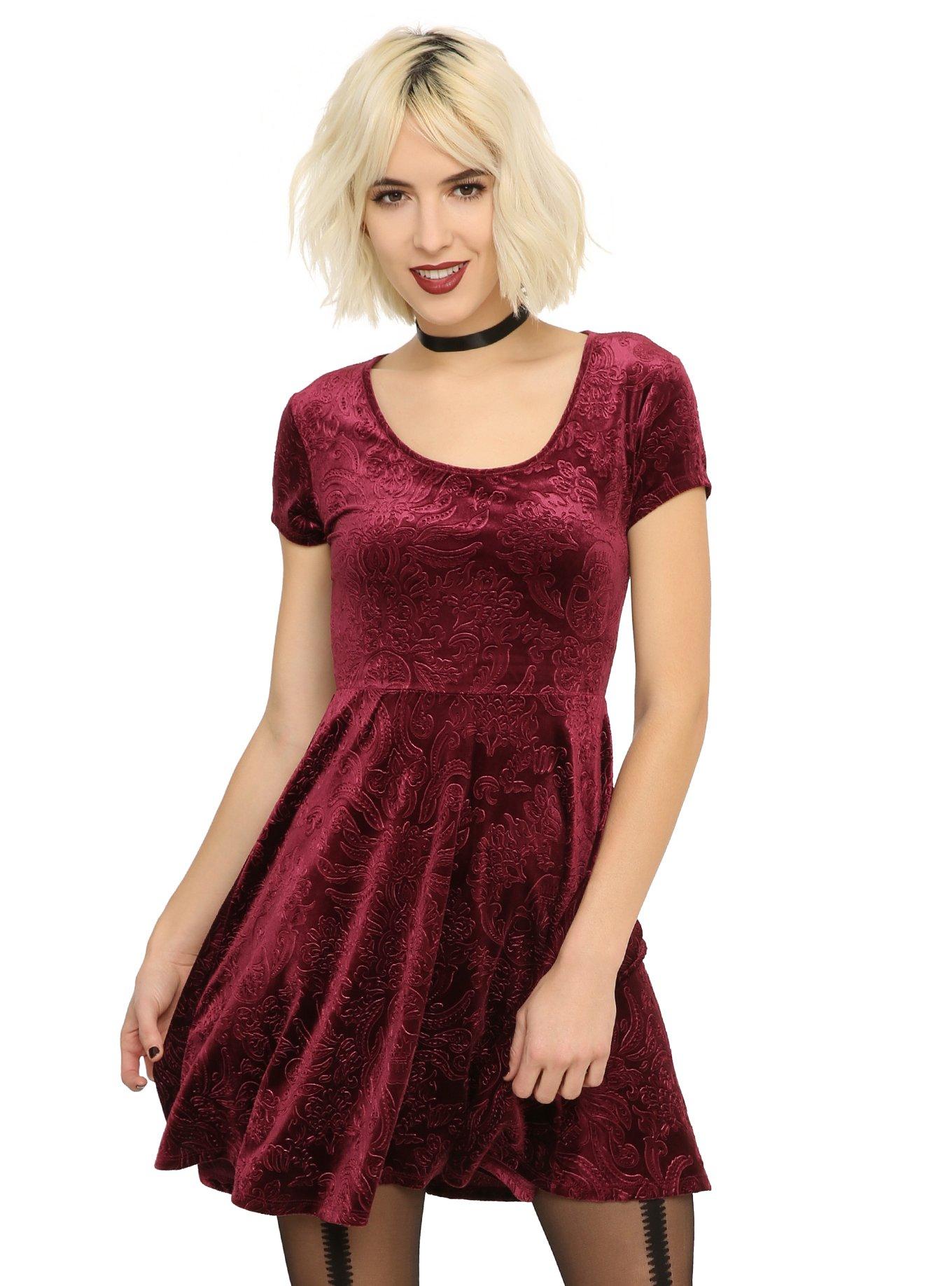 Burgundy Flocked Filigree Skull Dress | Hot Topic