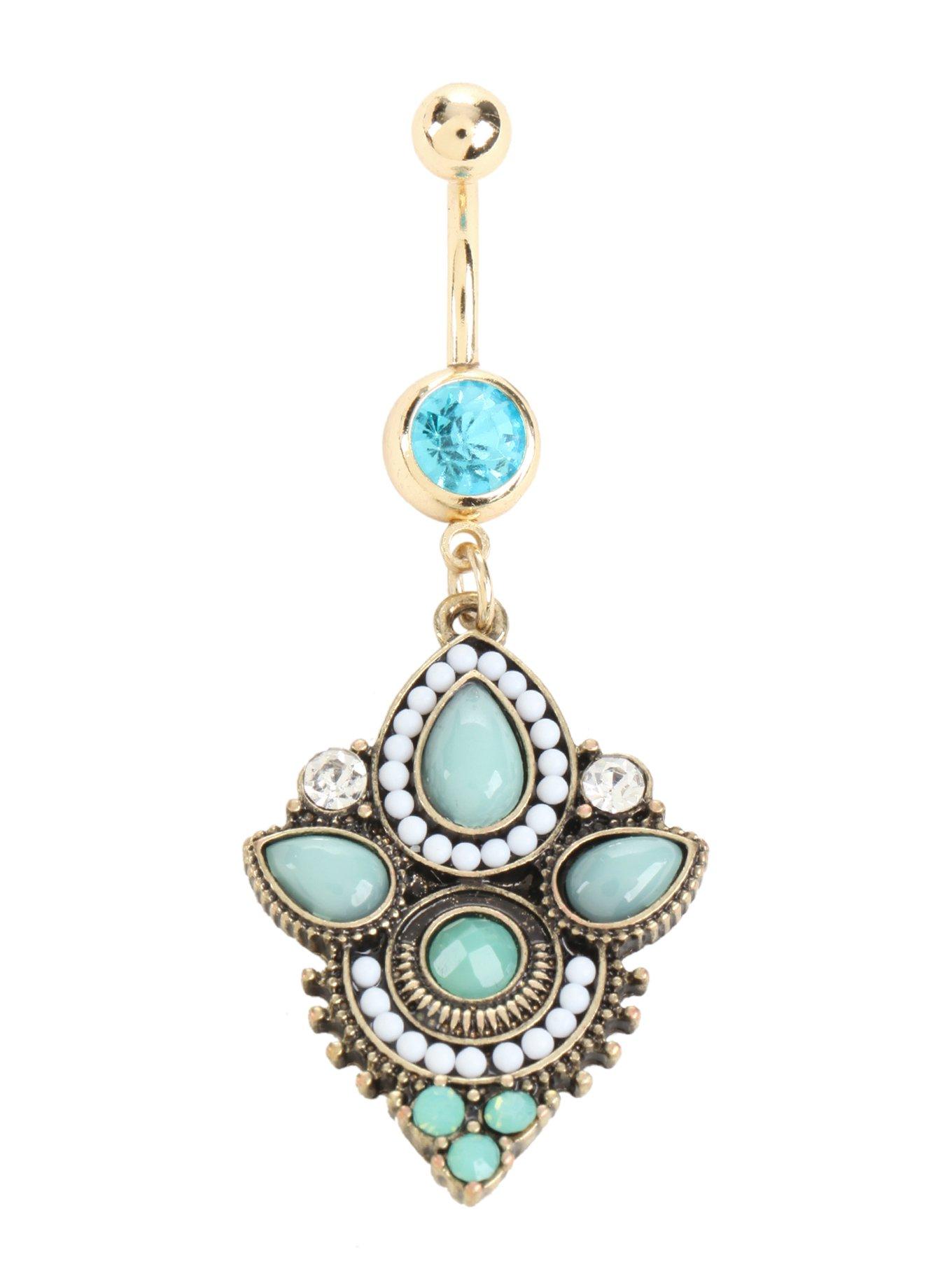 14G Gold Turquoise Stone Filigree Curved Navel Barbell | Hot Topic