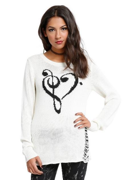 Ivory Music Clef Heart Girls Sweater | Hot Topic