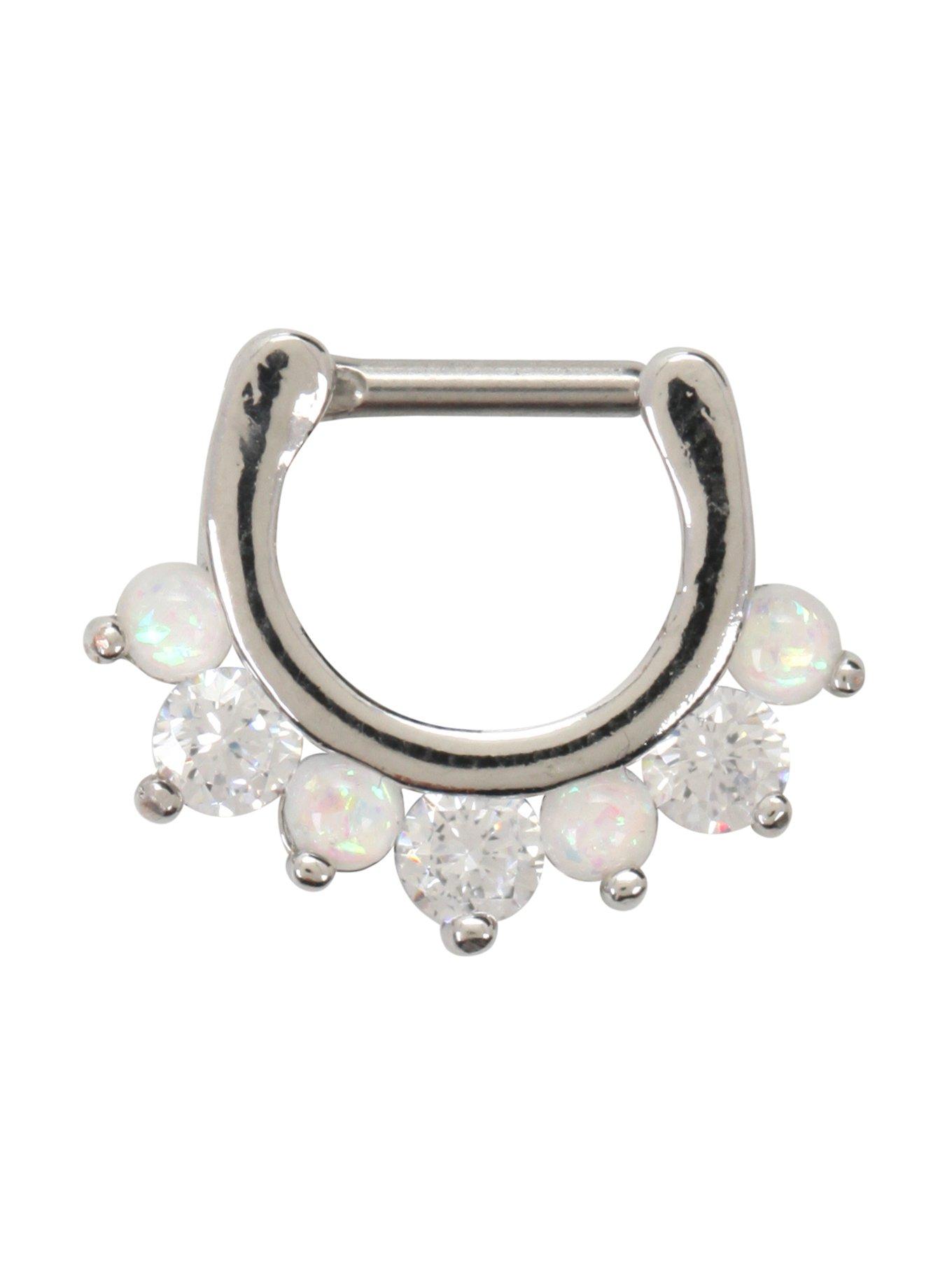 Steel Silver Opal CZ Septum Clicker | Hot Topic