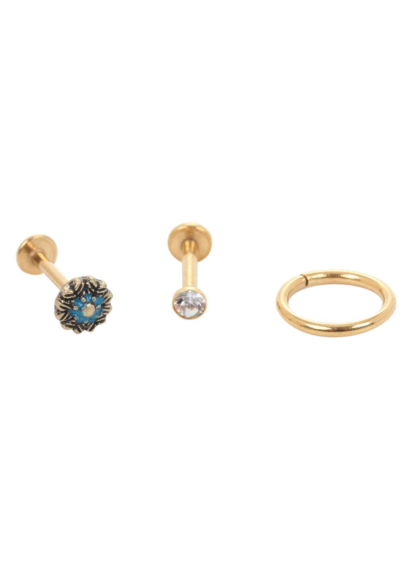 16G Steel Turquoise Gold Labret & Hoop 3 Pack | Hot Topic