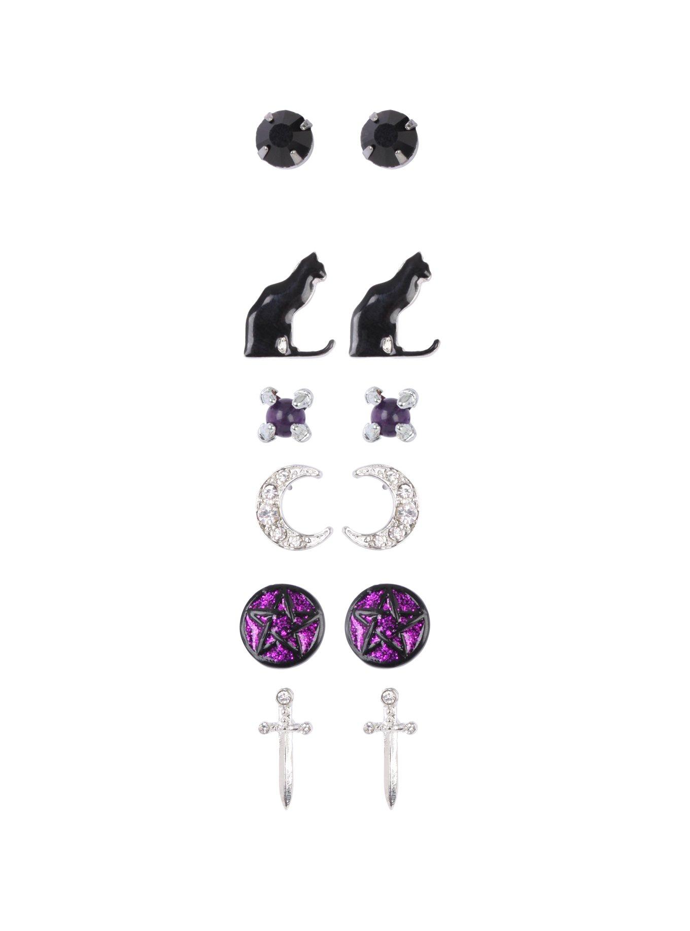 Lovesick Sword, Moon & Black Cat Earrings 6-Pair | Hot Topic