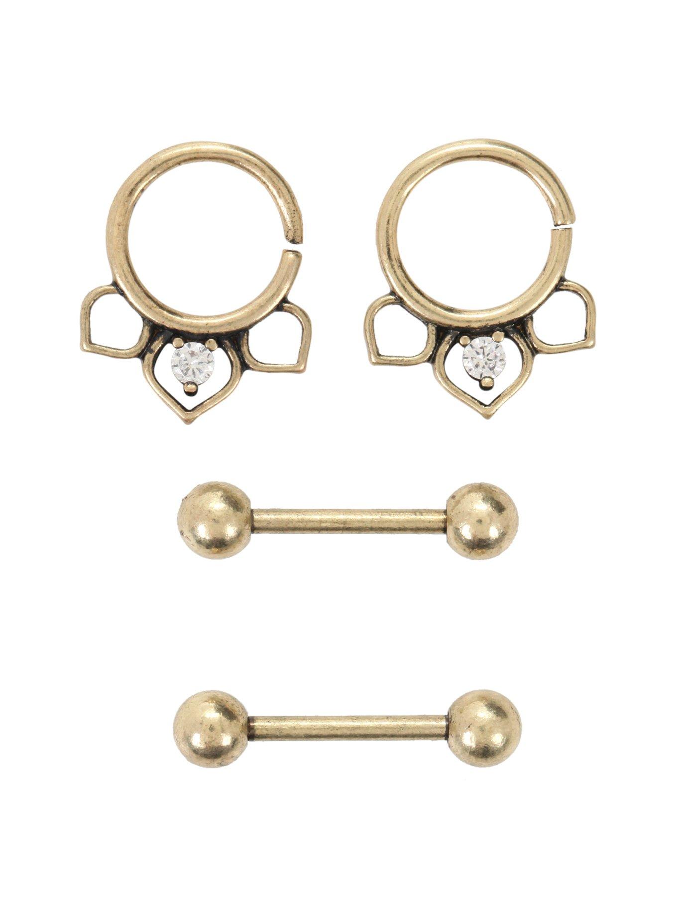 14G Steel Gold Filigree Nipple Barbell & Captive Hoop 4 Pack | Hot Topic