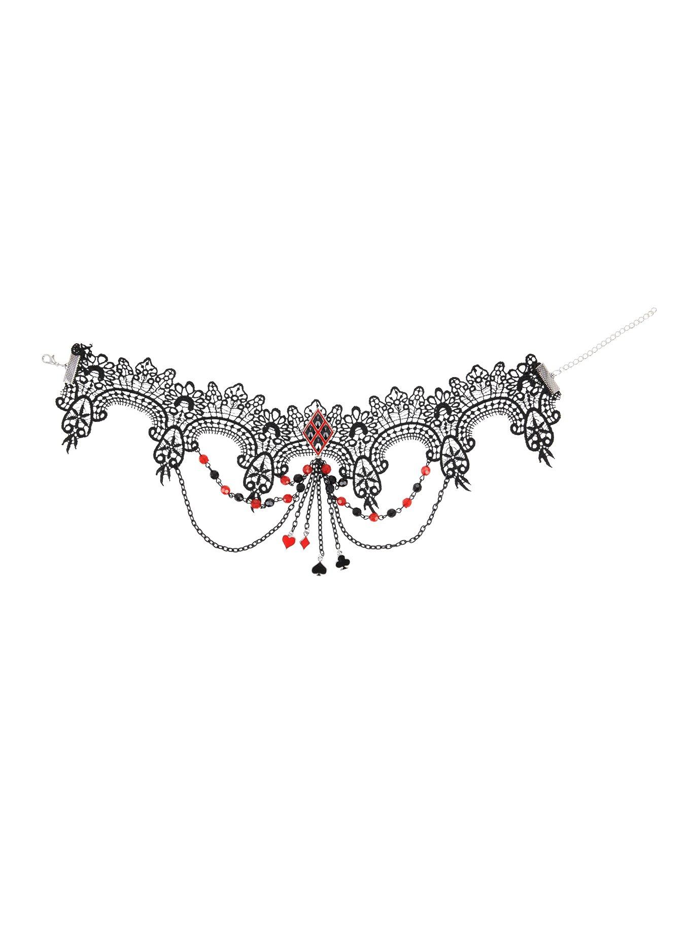 DC Comics Harley Quinn Black Lace & Red Beaded Choker Necklace | Hot Topic
