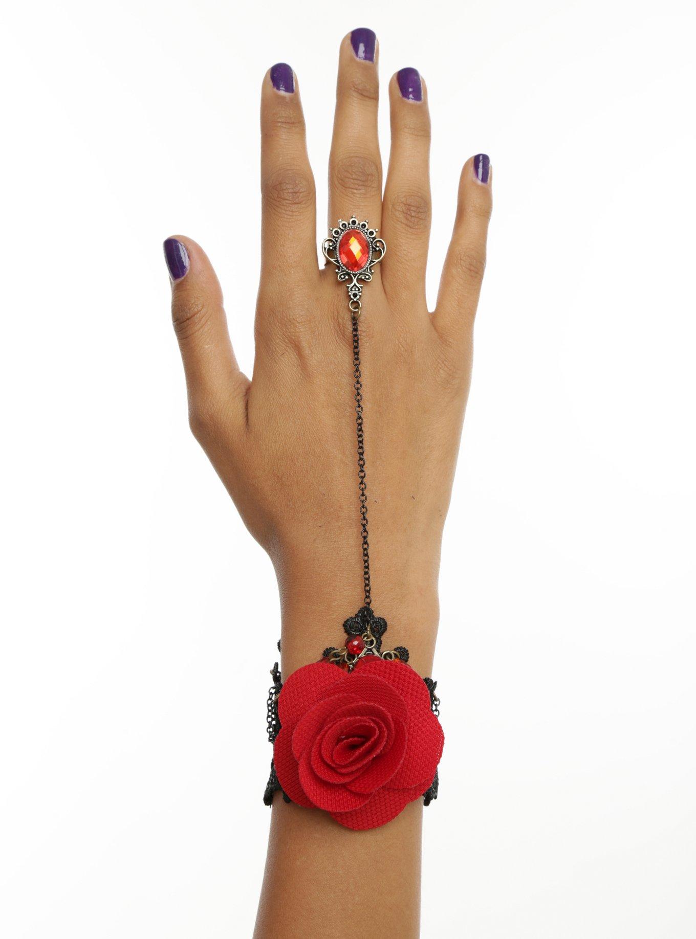 Red Rose & Gem Black Lace Ring Bracelet | Hot Topic