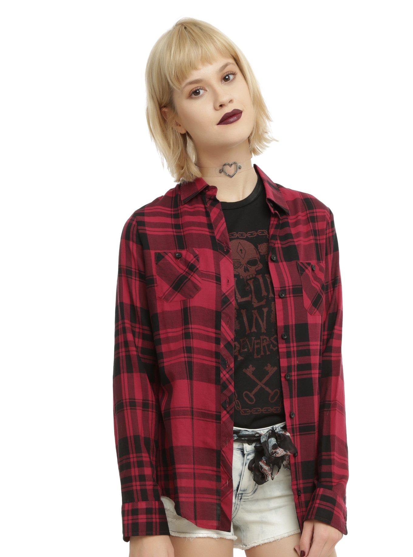 Burgundy And Black Plaid Girls Woven Button Up Hot Topic