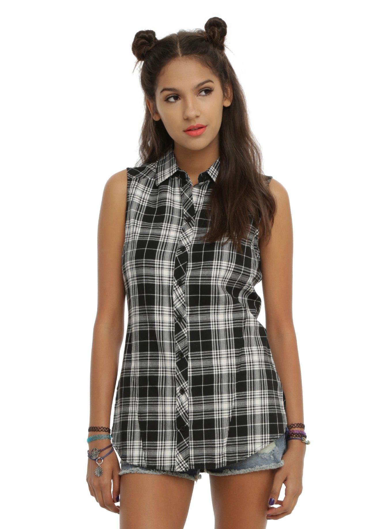 Black And White Plaid Girls Sleeveless Woven Button Up Hot Topic