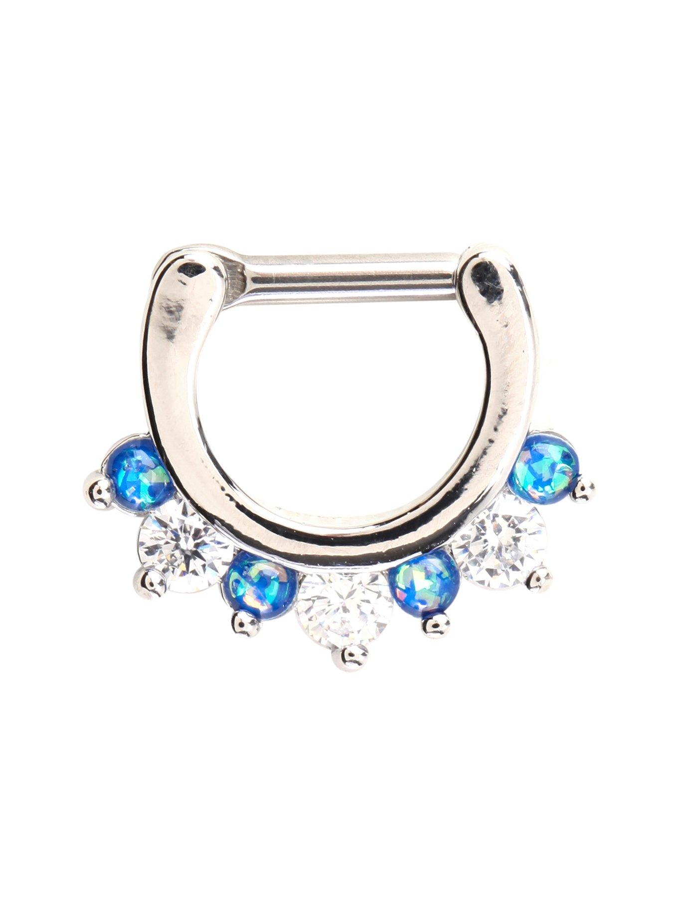 Steel Blue Opal & Clear CZ Septum Clicker | Hot Topic