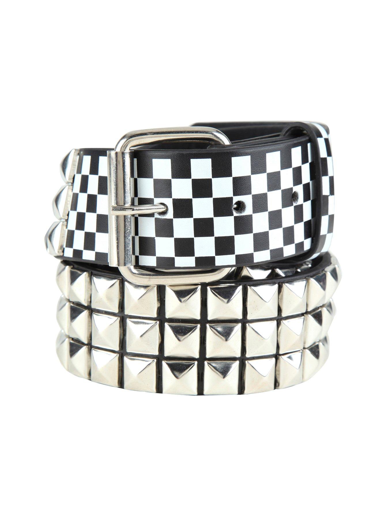 Black White & Silver Checkered Pyramid Stud Belt | Hot Topic