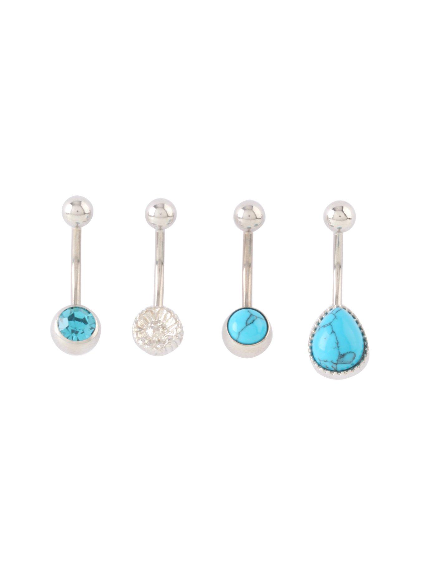 14G Steel Turquoise Navel Barbell 4 Pack | Hot Topic