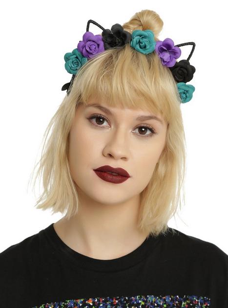 Teal Purple & Black Rose Kitty Ear Headband | Hot Topic
