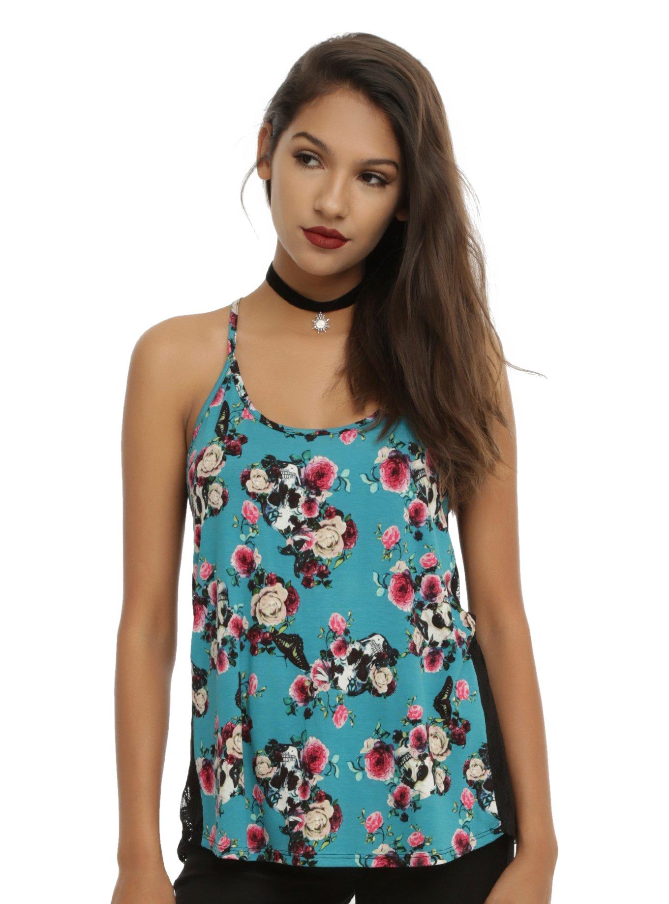 Teal Pink & Black Floral Skull Lace Girls Tank Top | Hot Topic