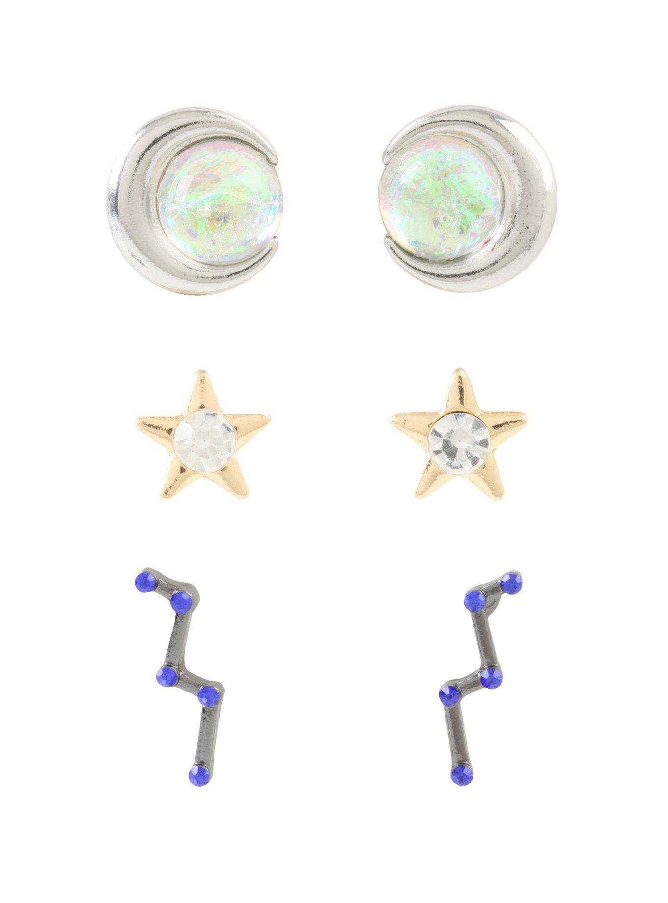 Mix Metal Opal Moon Star Stud Earring Set | Hot Topic