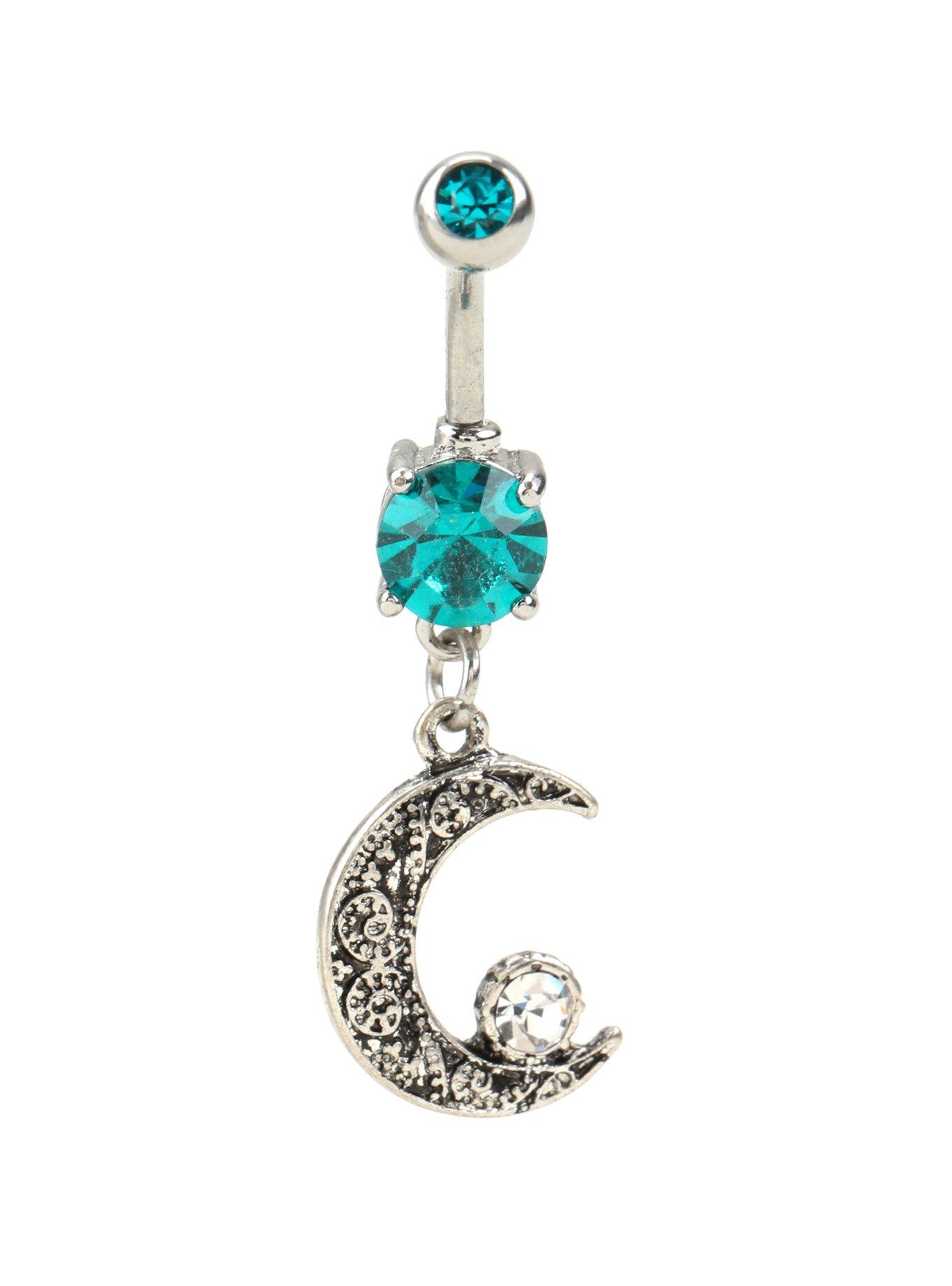 Steel Pronged Teal Moon Filigree Navel Barbell | Hot Topic