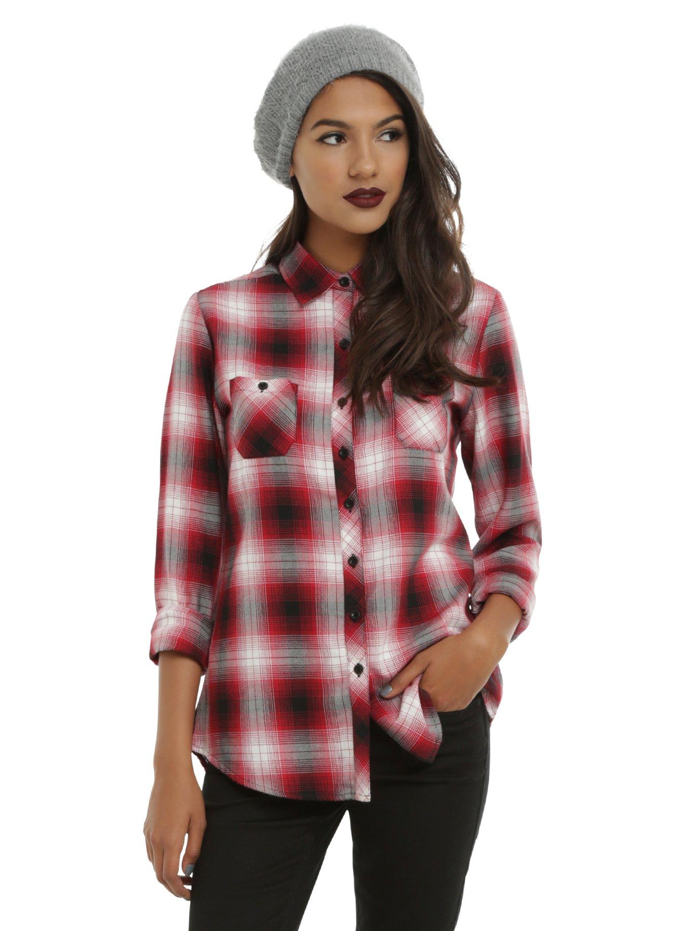Red Black And White Tartan Plaid Girls Woven Button Up Hot Topic