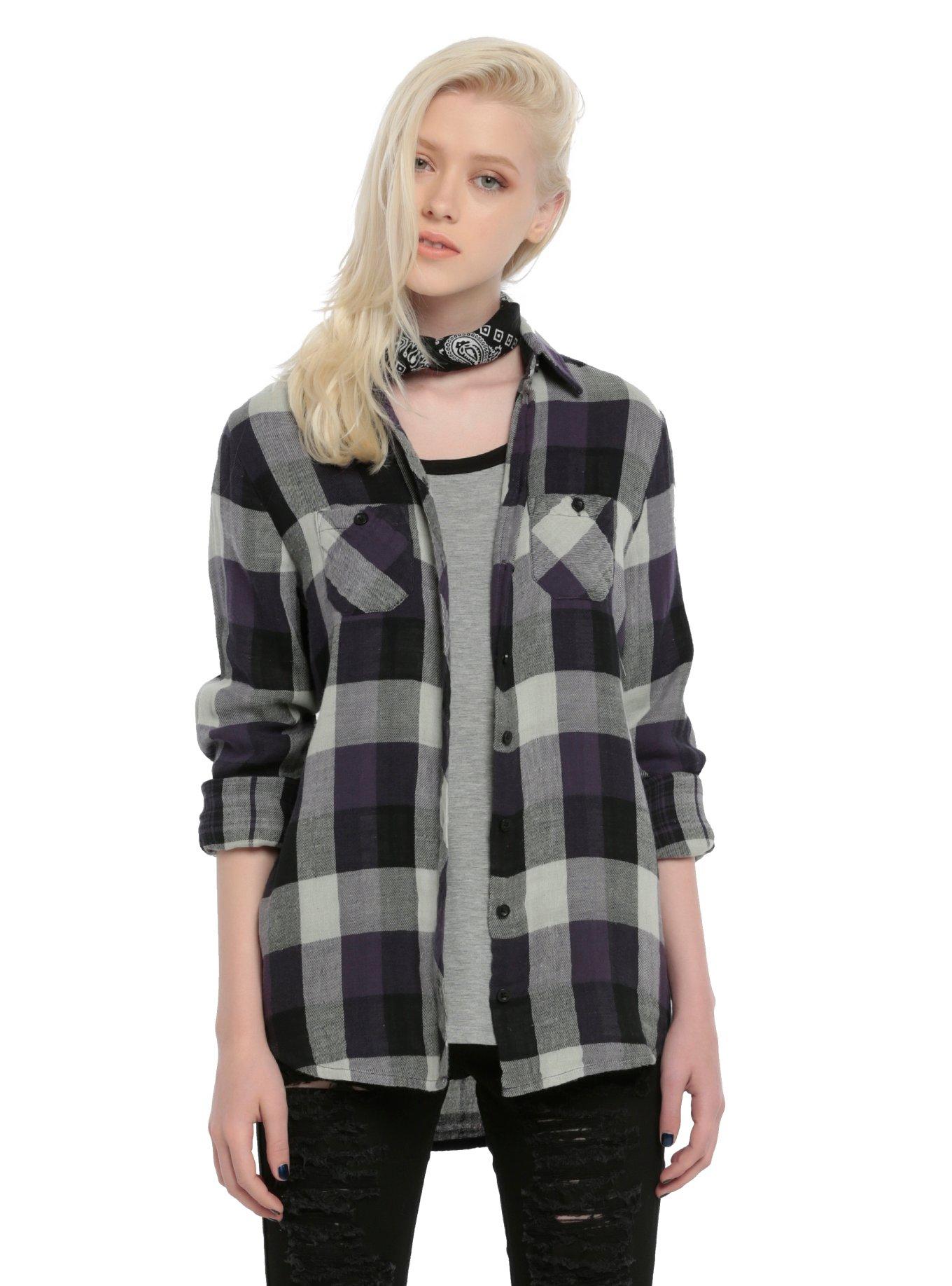 Purple And Ivory Plaid Girls Woven Button Up Hot Topic