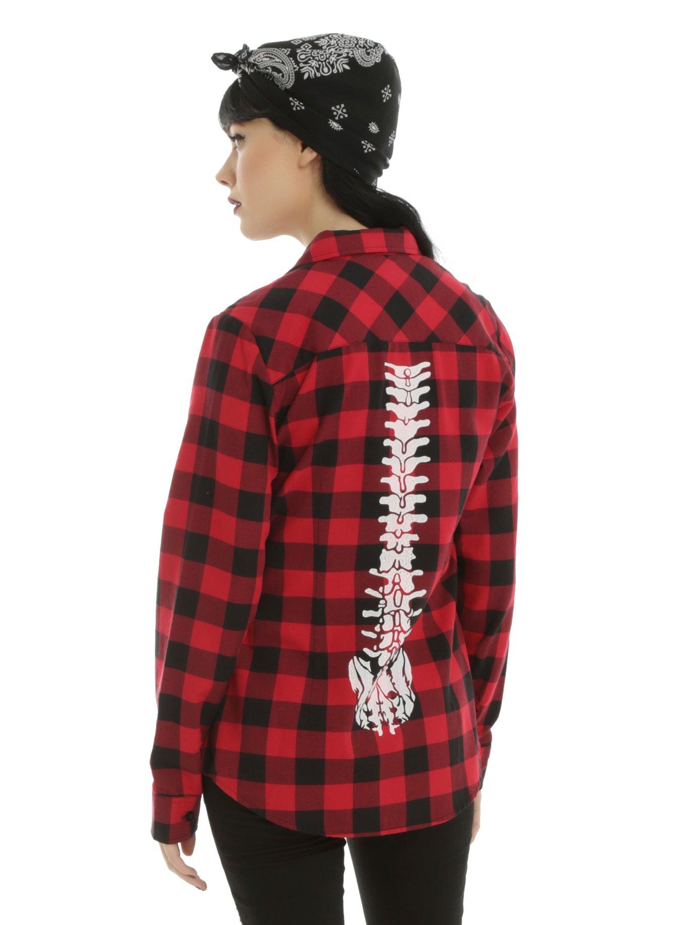 Red And Black Plaid Spine Back Girls Woven Button Up Hot Topic