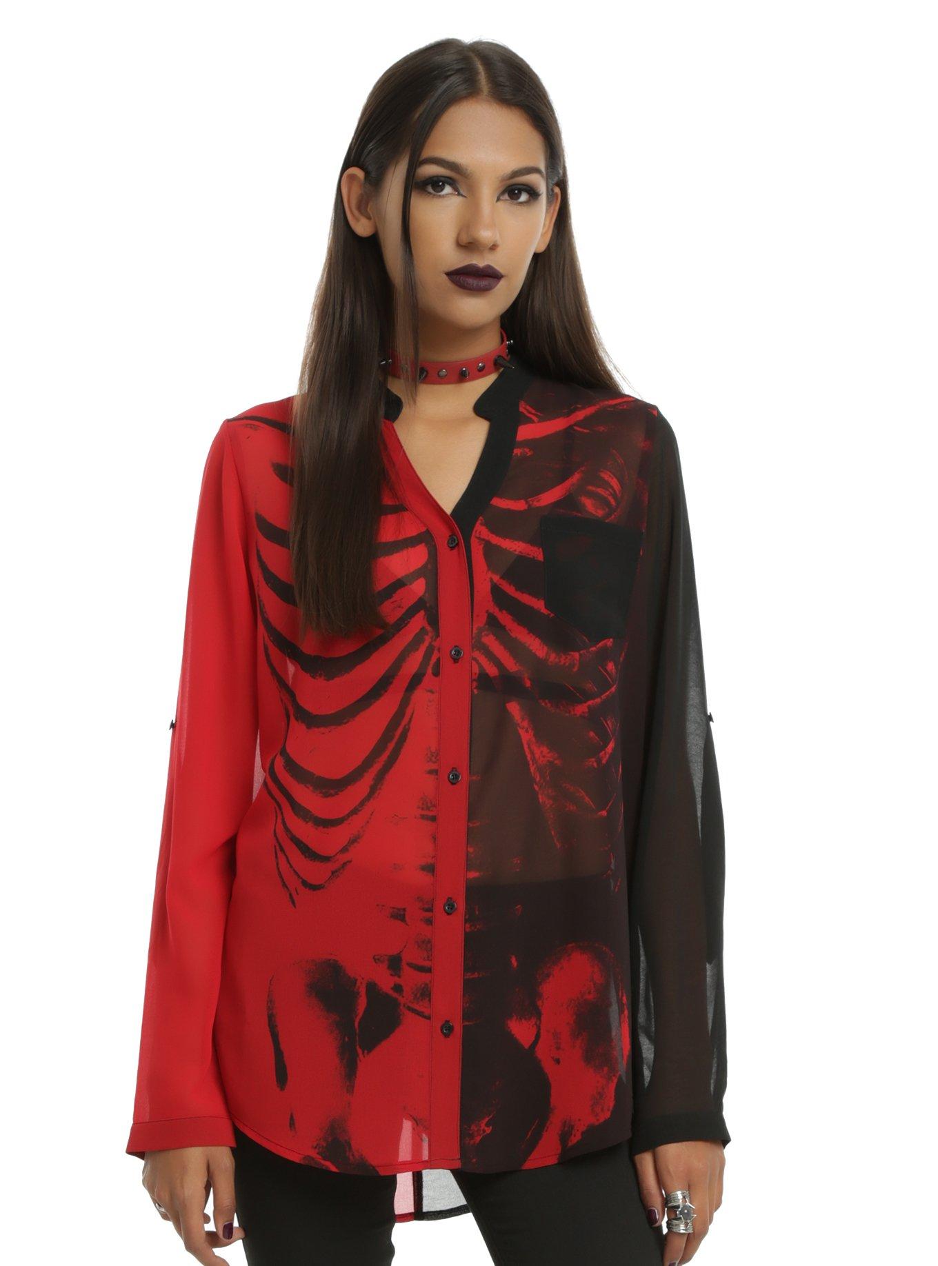 Iron Fist x Ash Costello Bat Royalty Black & Red Rib Cage Chiffon Top ...