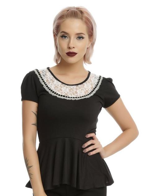 Black With Ivory Lace Girls Peplum Top | Hot Topic