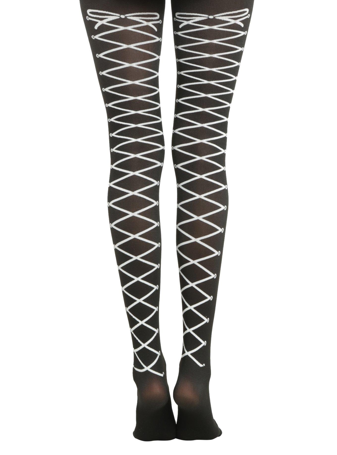 Blackheart Black & White Lace-Up Tights | Hot Topic