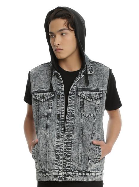XXX RUDE Acid Wash Black Fleece Cap Hooded Denim Vest | Hot Topic