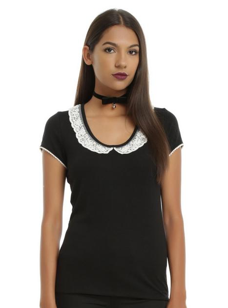 Black Cap Sleeve Ivory Lace Collar Girls Top | Hot Topic