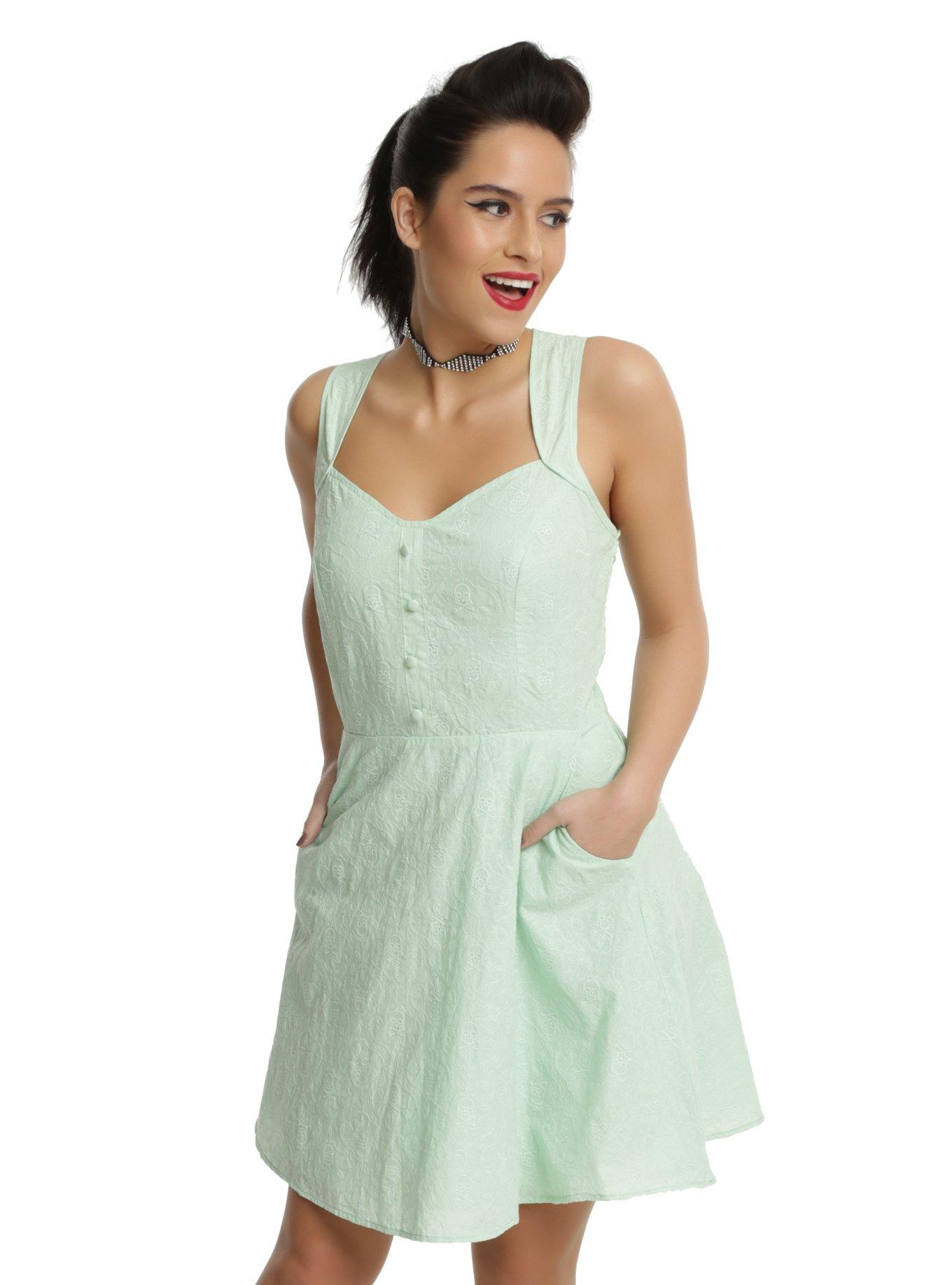 Mint Embroidered Skull Eyelet Swing Dress | Hot Topic